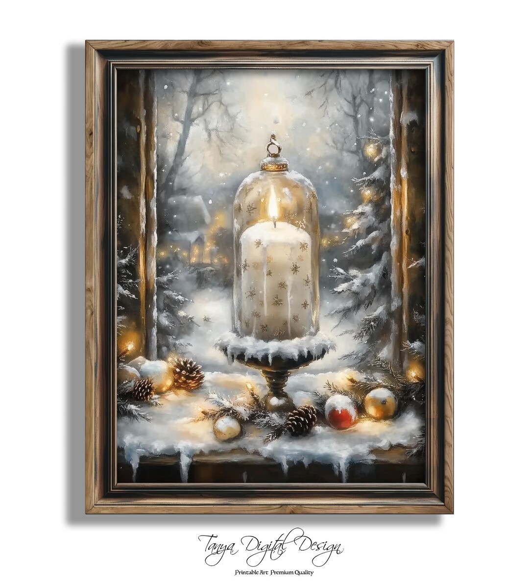 Winter Candle Under Glass Dome Digital Art,christmas Digital Printable ...
