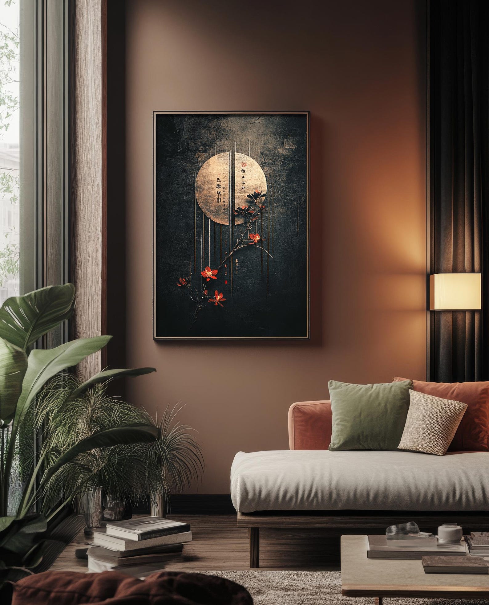 Japanese Cherry Blossom & Gold Lunar Art,floral Japandi Print ...