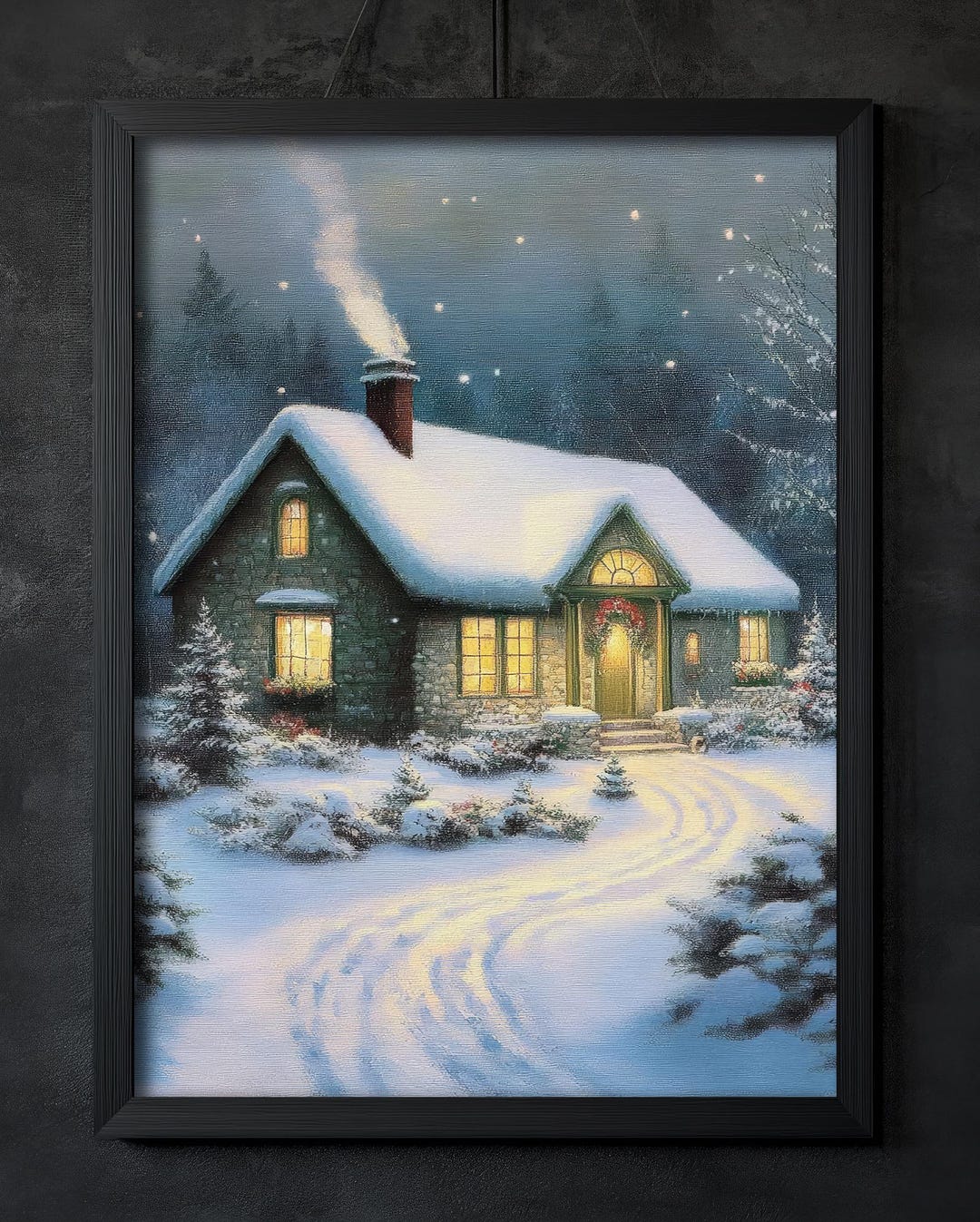 Christmas Art Snowy Cabin in Winter Forest,rustic Christmas Decor ...