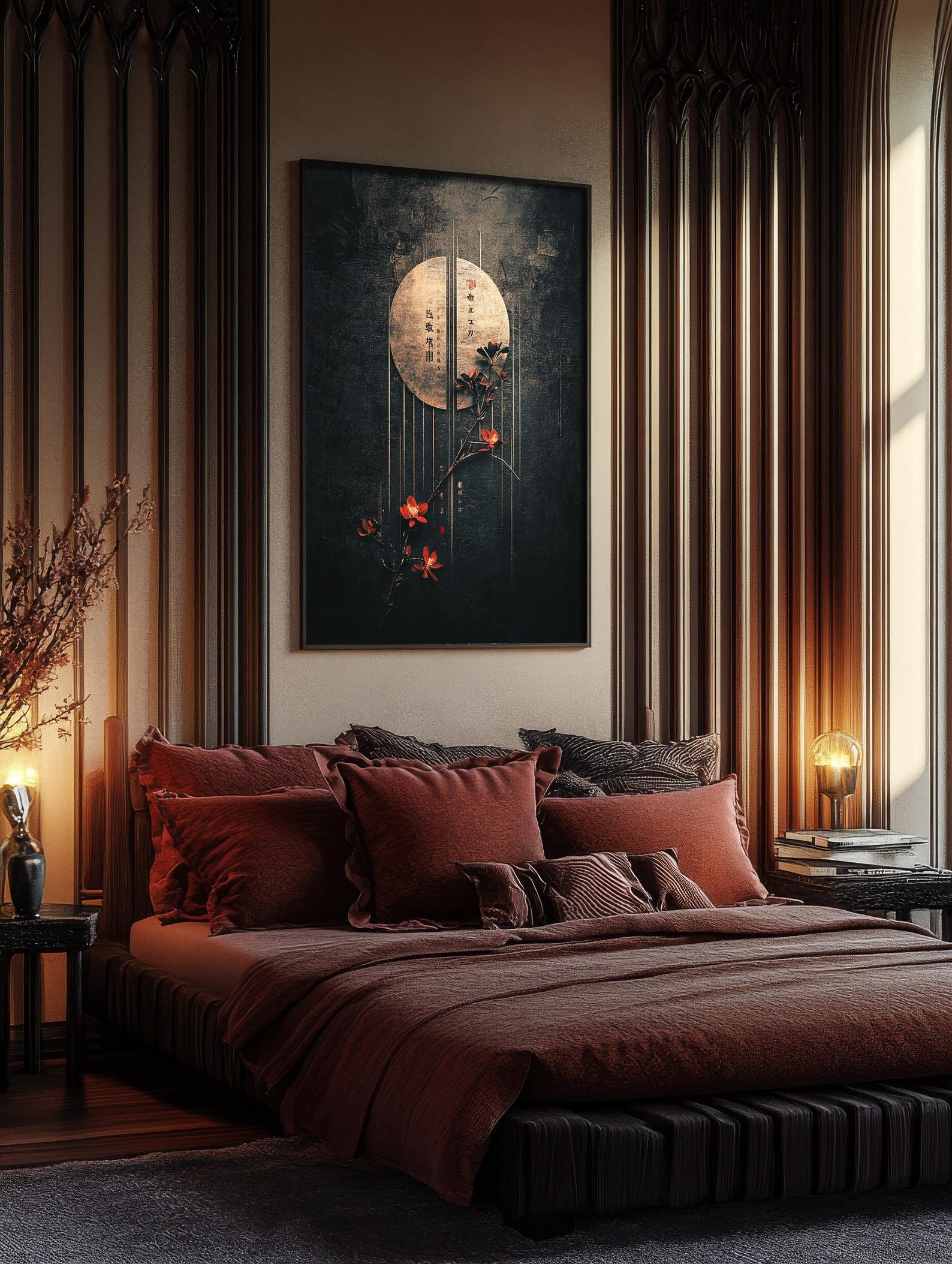 Japanese Cherry Blossom & Gold Lunar Art,floral Japandi Print ...