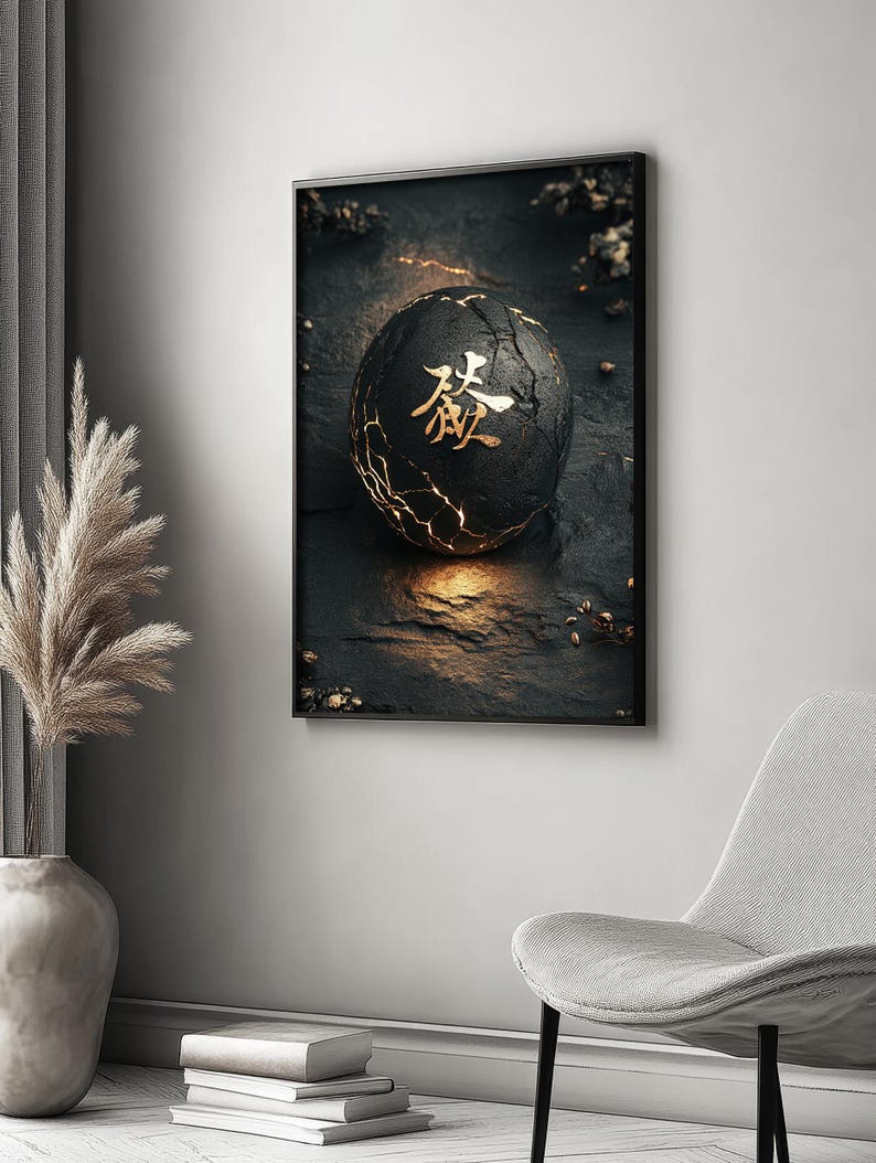 Kintsugi Sphere Art Print,luxury Zen Japandi Wall Decor,mystical Glowing Golden Cracks Decor ...