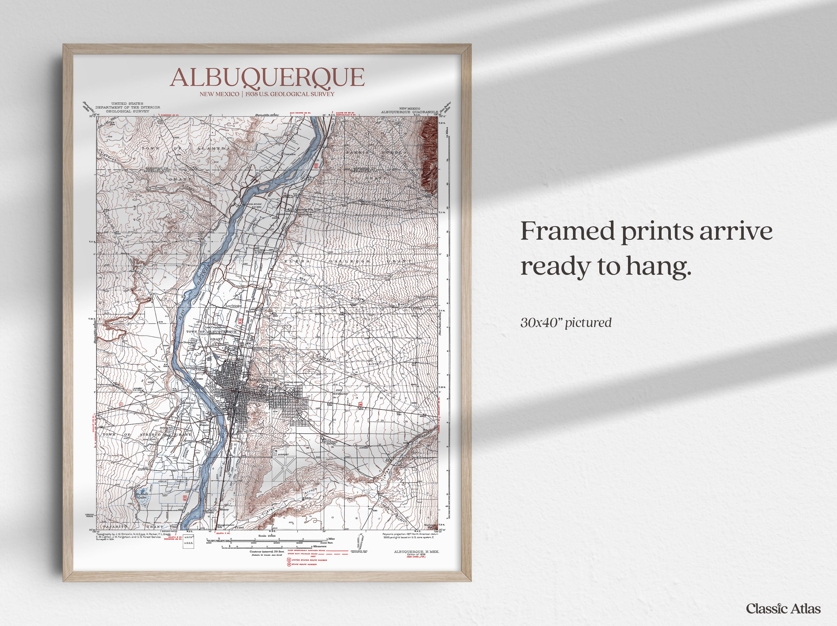 Albuquerque New Mexico 1938 USGS Map Poster | Restored and Remastered ...
