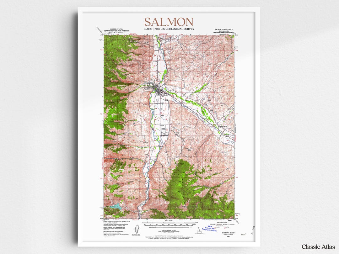 Salmon Idaho 1950 USGS Map Poster | Restored and Remastered Vintage Map ...