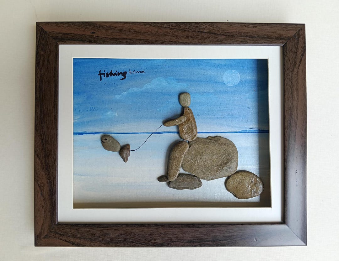 Handmade Pebble Art Man Fishing | Sea Shore Stone Art Frame | Fishing ...