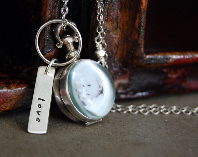 Mini Antique Round Photo Locket Necklace Custom With One Word Tag - Etsy