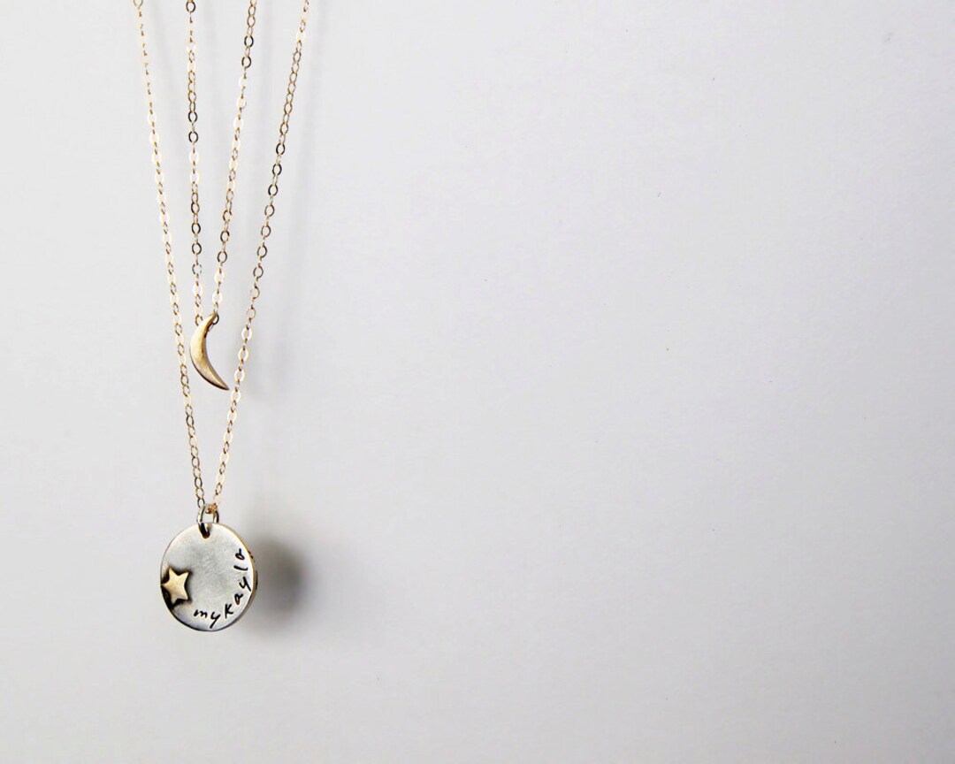 Tiny Gold Crescent Moon and Star Name Tag Necklace Set- Starchild- Name ...