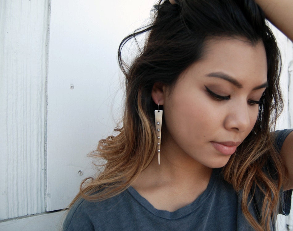 Sexy Rocker Studded Earrings Rustic Brass Long Narrow | Etsy