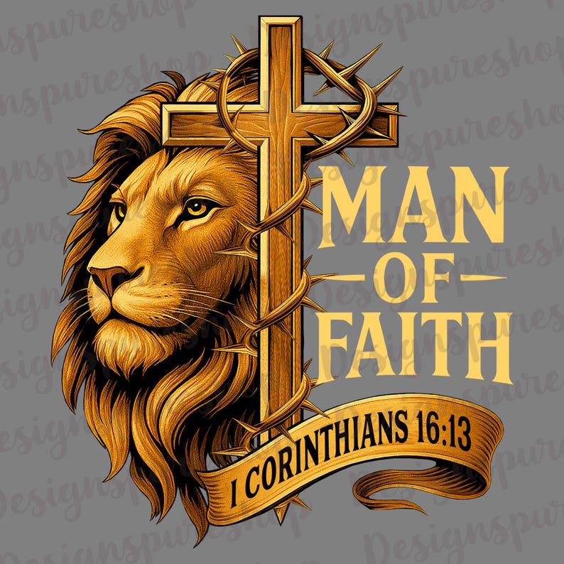 Man of Faith PNG, Christian Lion Cross Scripture 1 Corinthians 16:13 ...
