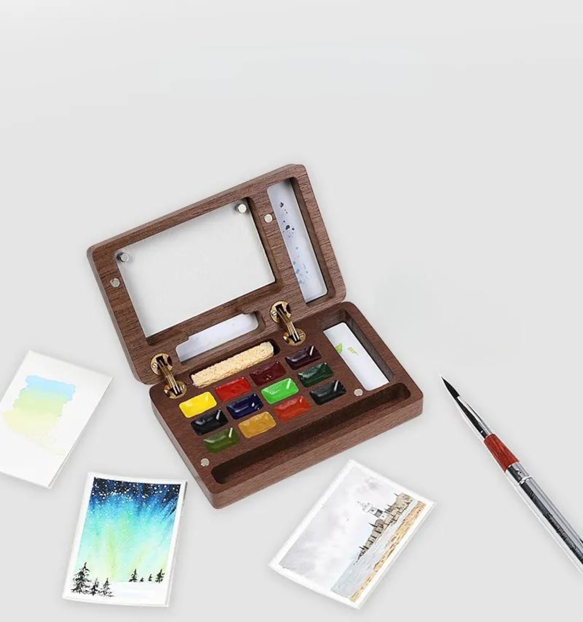 12 Color Mini Watercolor Paint Set - Walnut Wood Portable Travel ...