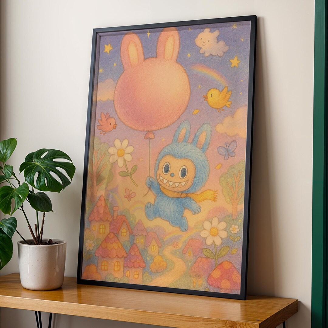 Cute Labubu Bunny Art Print With Balloon in Pastel Fantasy Landscape ...