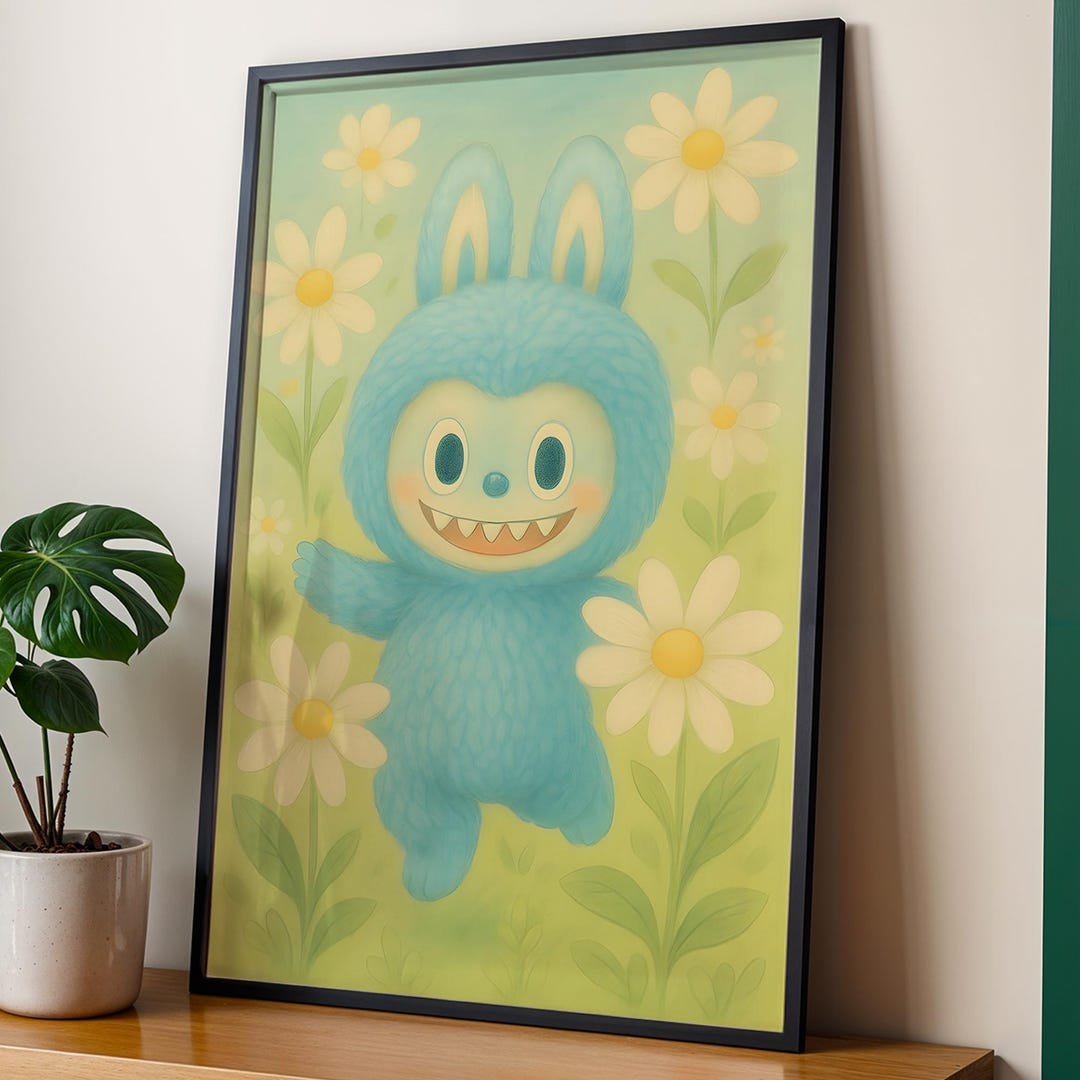 Labubu Art Print Cute Blue Labubu Poster With Flowers Kawaii Bunny Wall ...