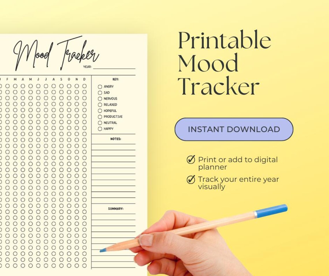 Printable Mood Tracker | Yearly Mood Journal | Mental Health Planner ...
