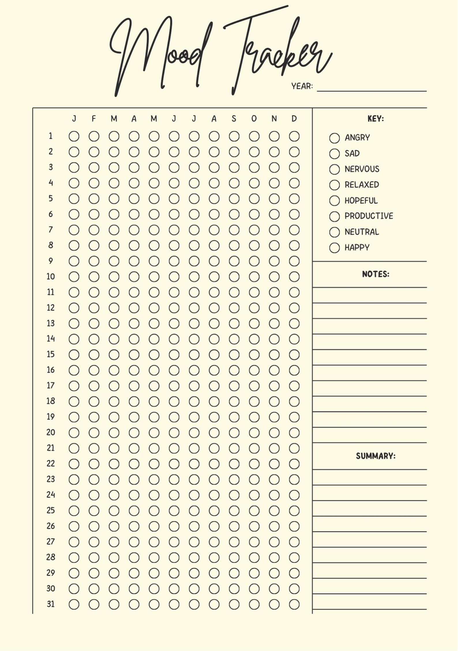 Printable Mood Tracker | Yearly Mood Journal | Mental Health Planner ...