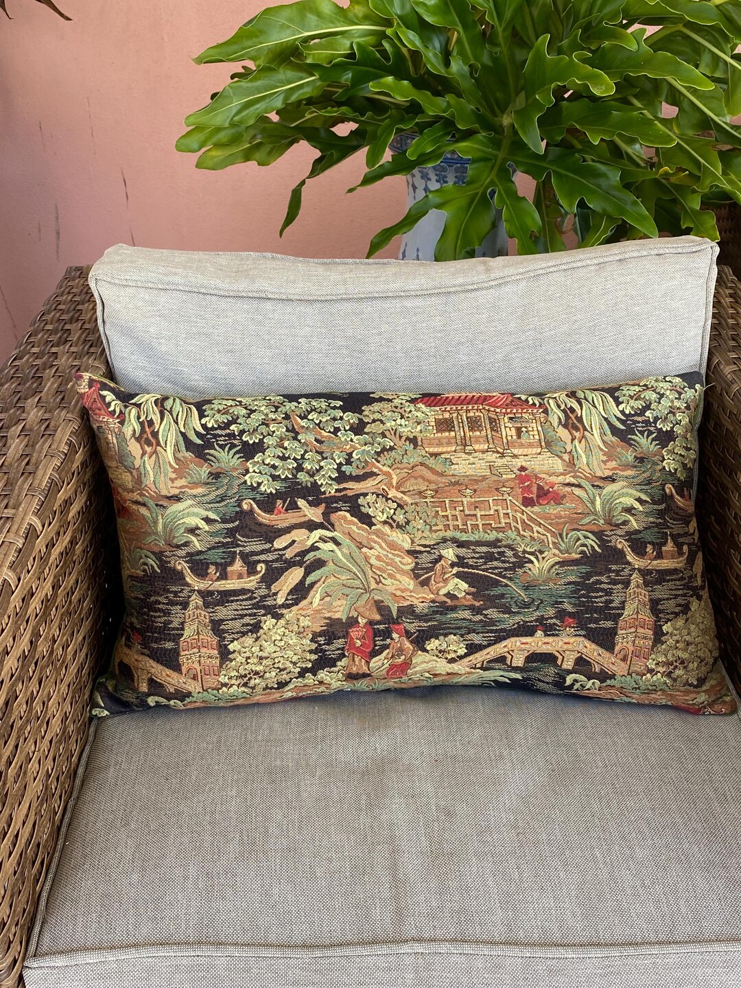 East Asian Isle Chinoiserie Toile Throw Pillow With Rich Green Velvet ...