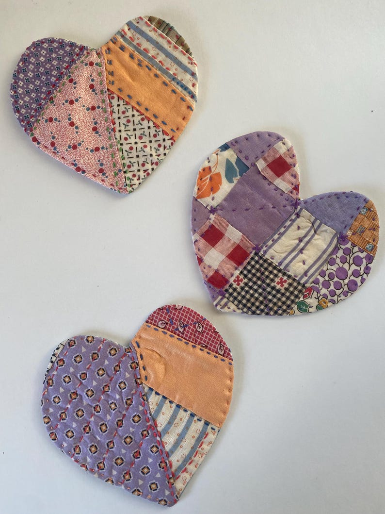 Quilted Hearts for Decor, Coasters, Repurposed Vintage Quilt, Valentine ...