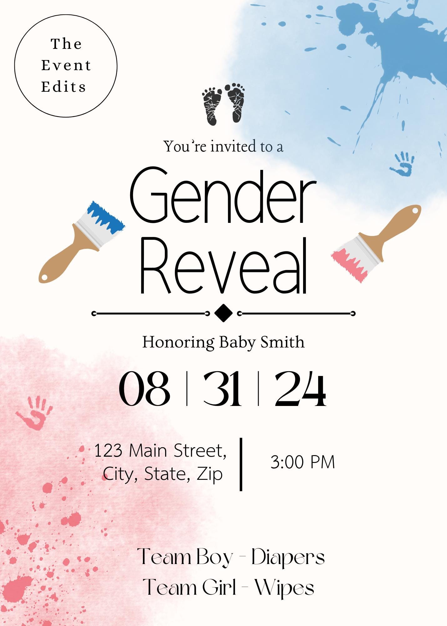 Gender Reveal Invite - Paint Theme, Paint Splatter, Paint Brush, Boy or ...