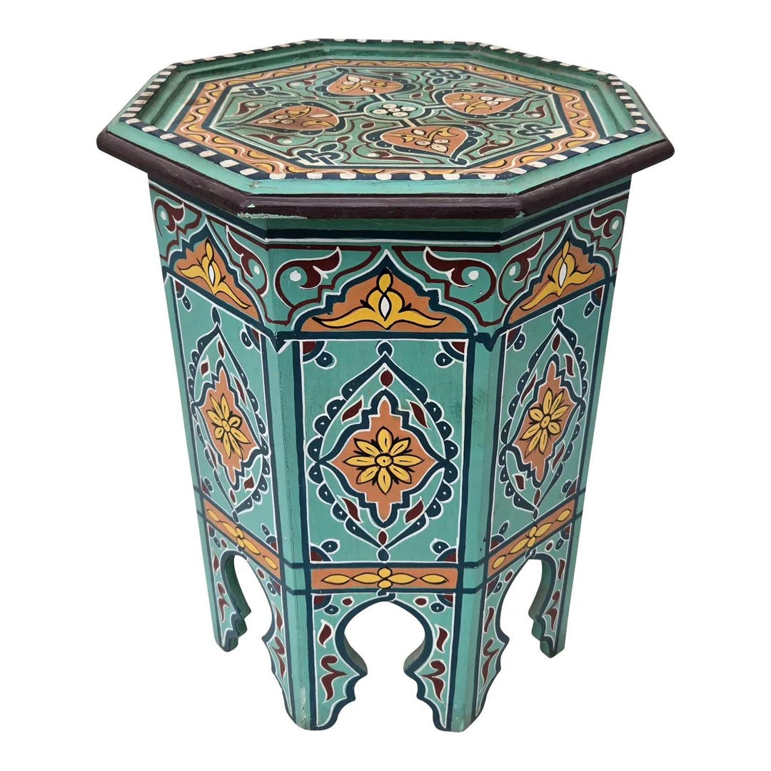 Handcrafted Hexagonal Hand Painted Wooden Side Table / Turquoise Zouak ...