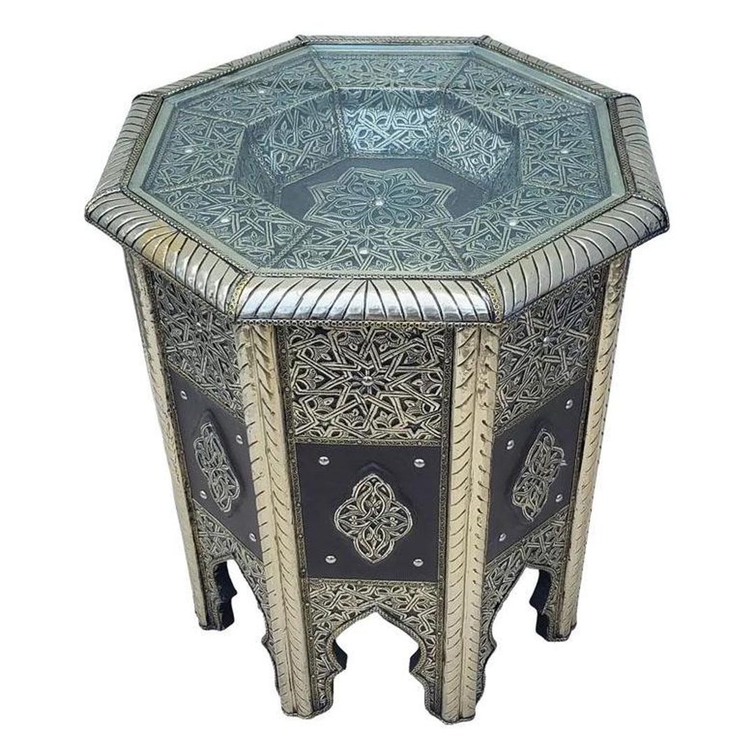 Handcrafted Moroccan Metal Inlay and Leather End Table, Octagonal Shape ...