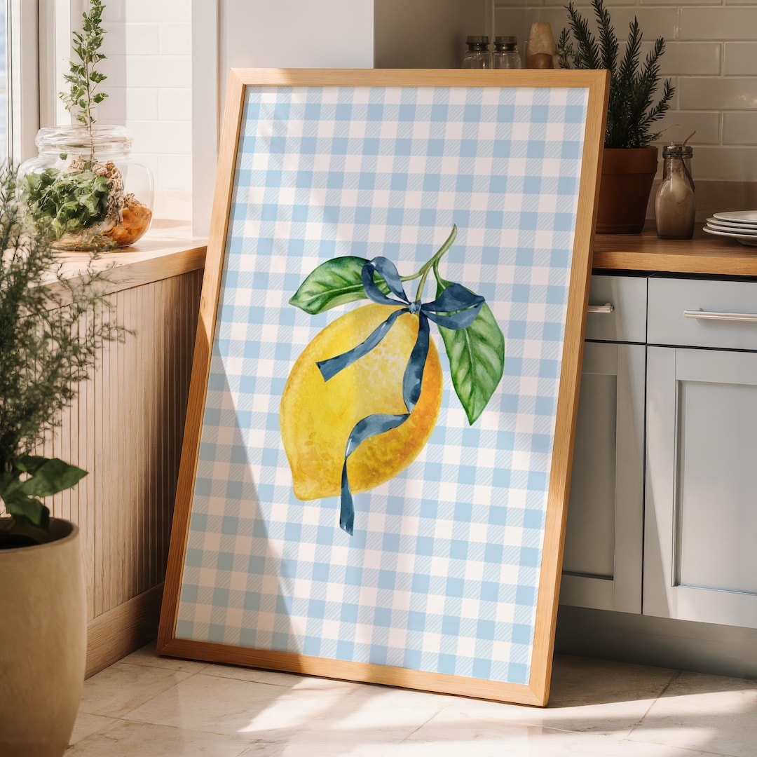 Gingham Lemon Wall Art | Coquette Fruit Kitchen Decor, Citrus Nursery ...