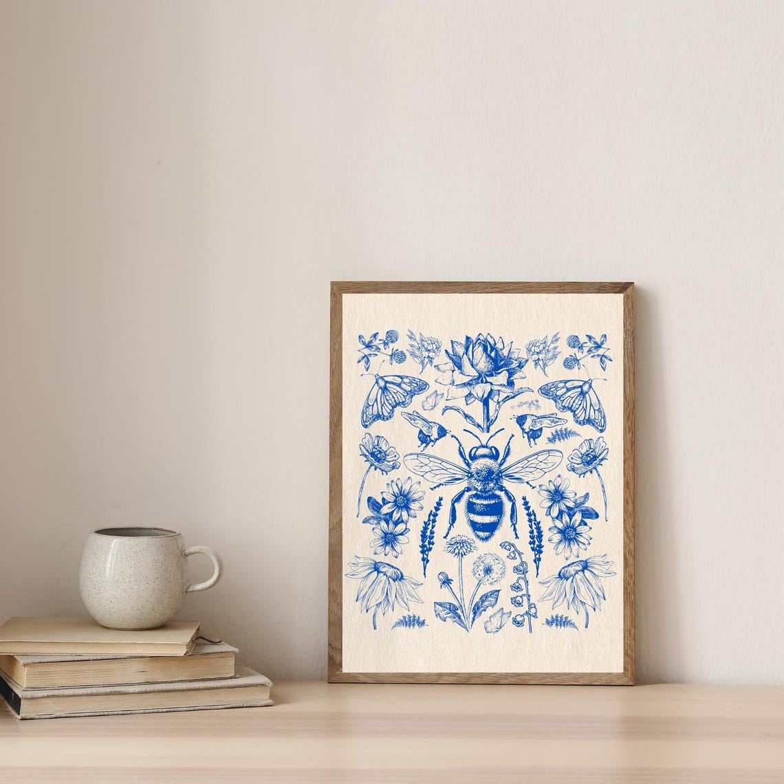 Vintage Bee Wall Art Print, Blue Botanical Insect Illustration ...