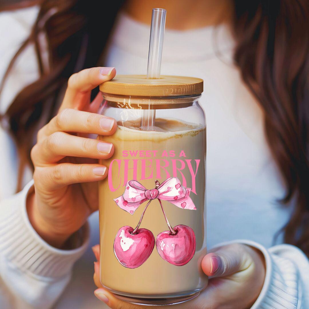Cherry Sipper Glass, Cute Girly Gift, Coquette Bow 16oz Iced Coffee Cup ...