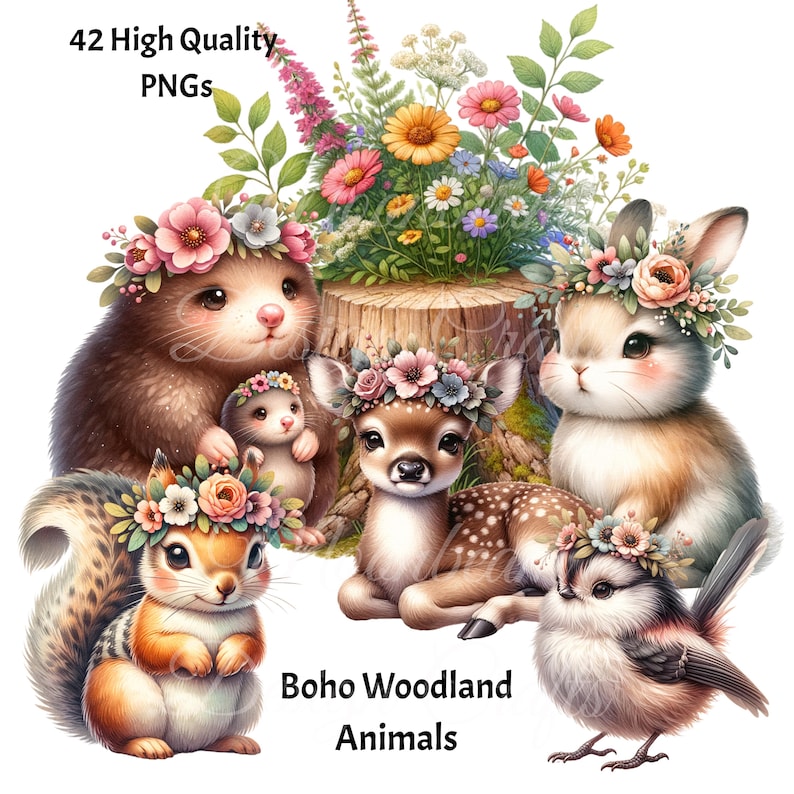 Woodland Animals Boho Clipart Bundle, Digital Download PNG SVG, Forest ...