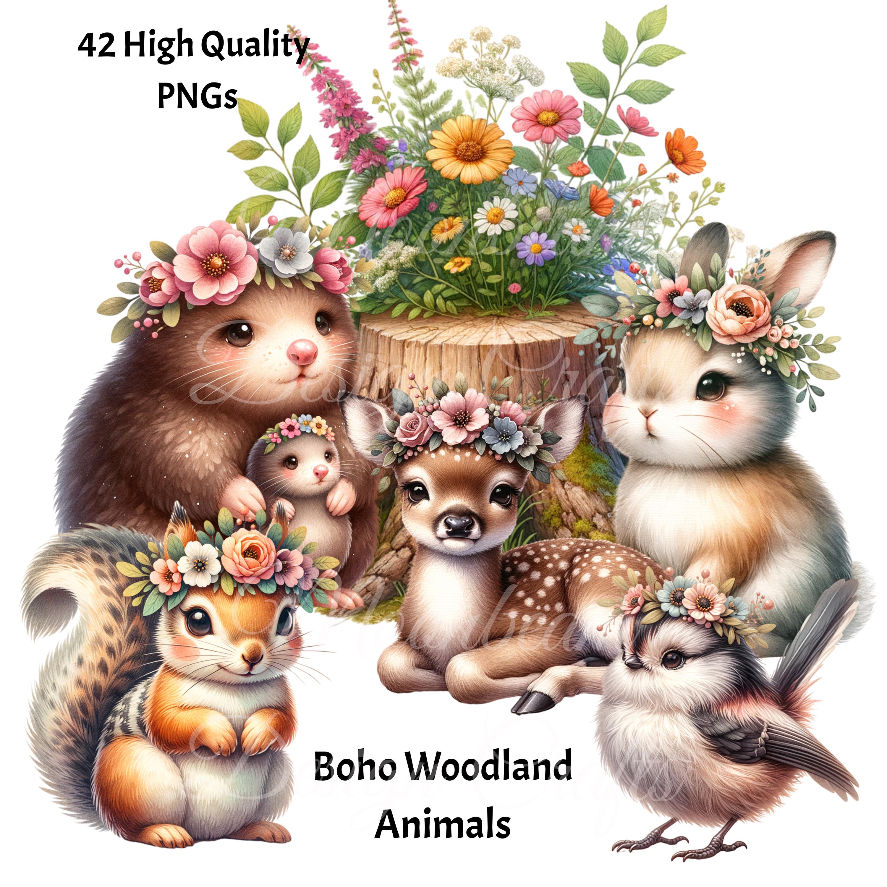 Woodland Animals Boho Clipart Bundle, Digital Download PNG SVG, Forest ...