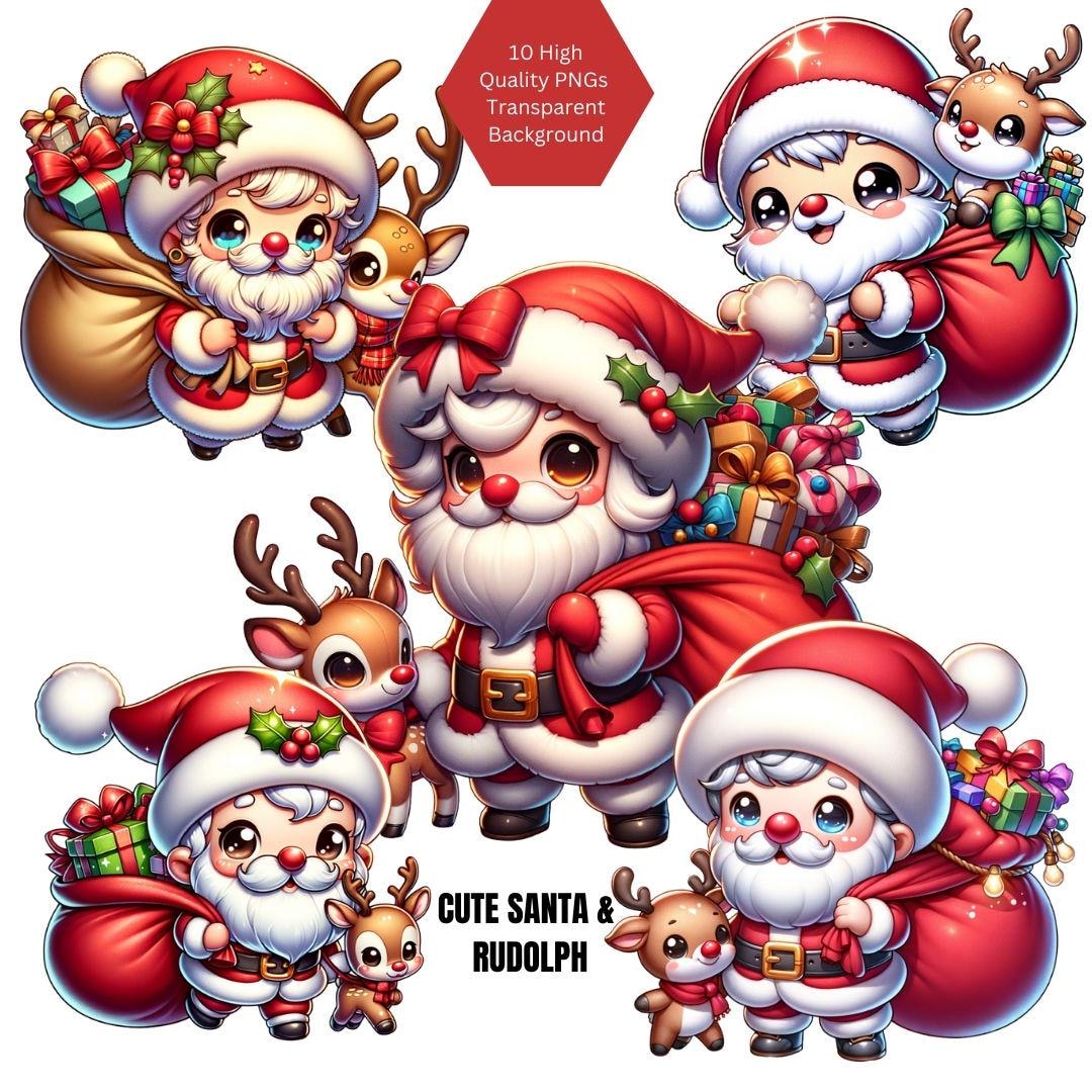Cute Santa & Reindeer 10 PNG Clipart Set, Christmas Deer, Santa ...
