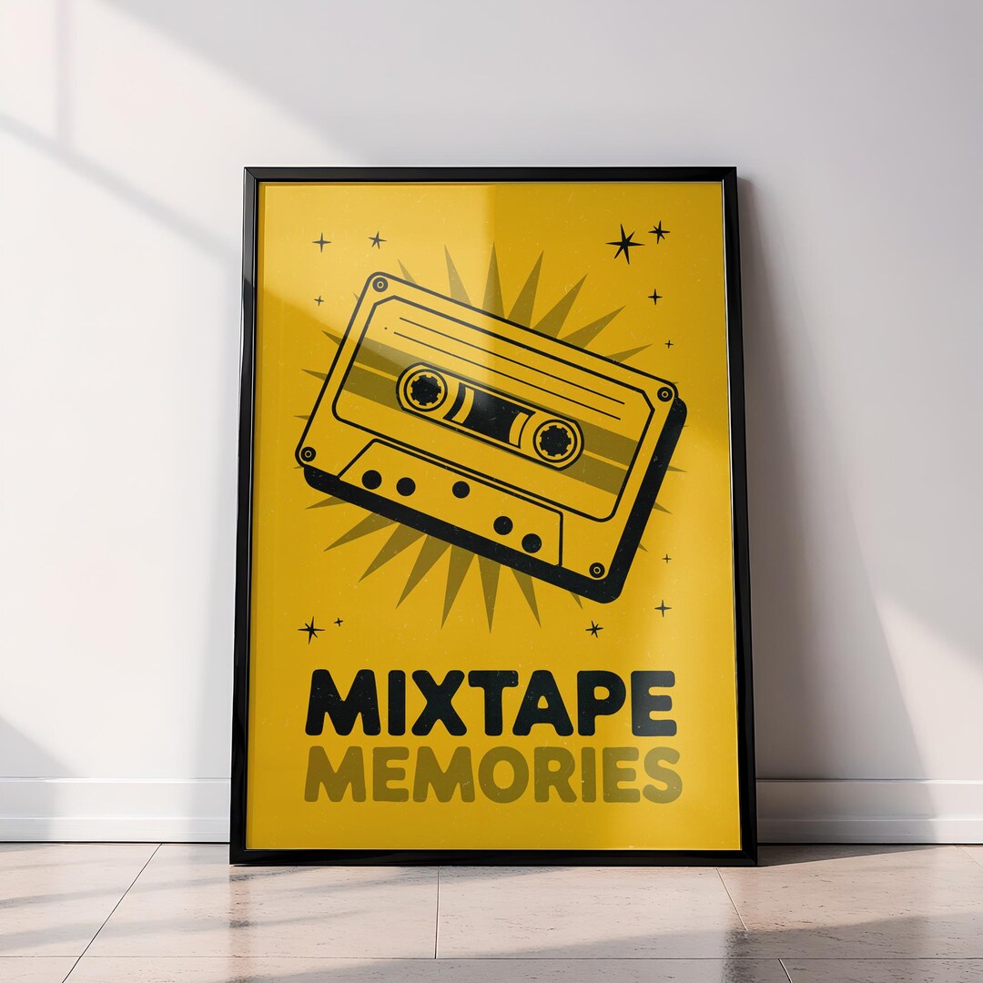 Retro Cassette Wall Art, Mixtape Memories Print, Yellow Music Room Decor, Vintage Audio Digital ...