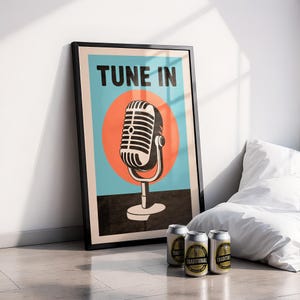 Tune in Retro Microphone Print, Vintage Radio Wall Art, Mid Century ...