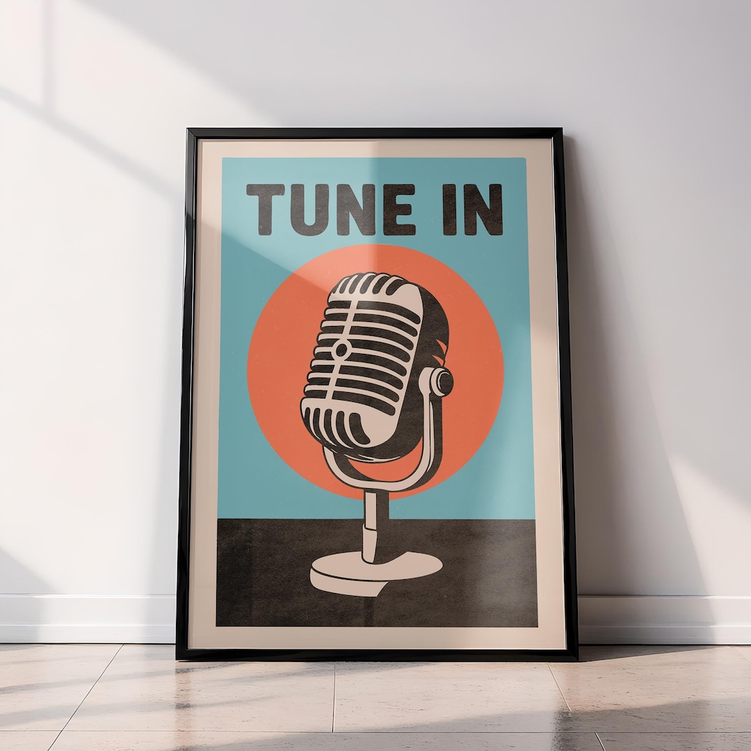 Tune in Retro Microphone Print, Vintage Radio Wall Art, Mid Century ...