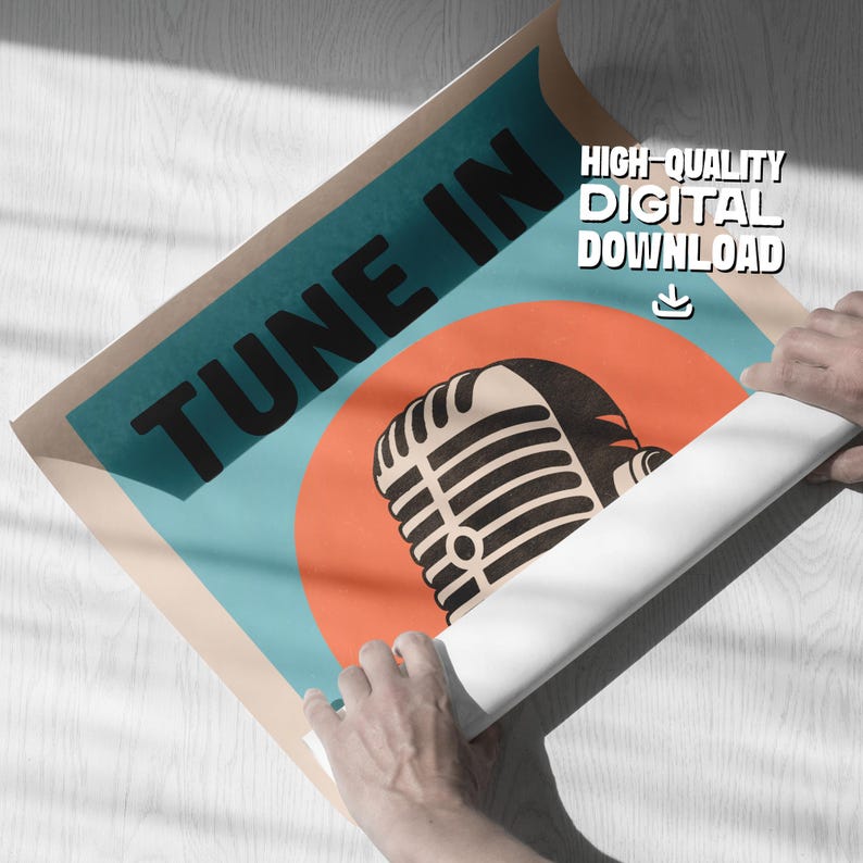 Tune in Retro Microphone Print, Vintage Radio Wall Art, Mid Century ...