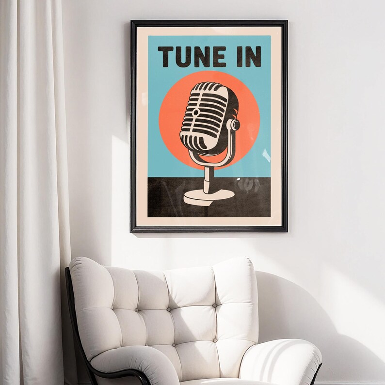 Tune in Retro Microphone Print, Vintage Radio Wall Art, Mid Century ...