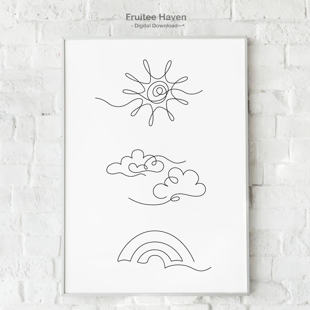 Sun, Cloud, Rainbow One Line Art Drawing Print: Modern Minimalist Wall ...