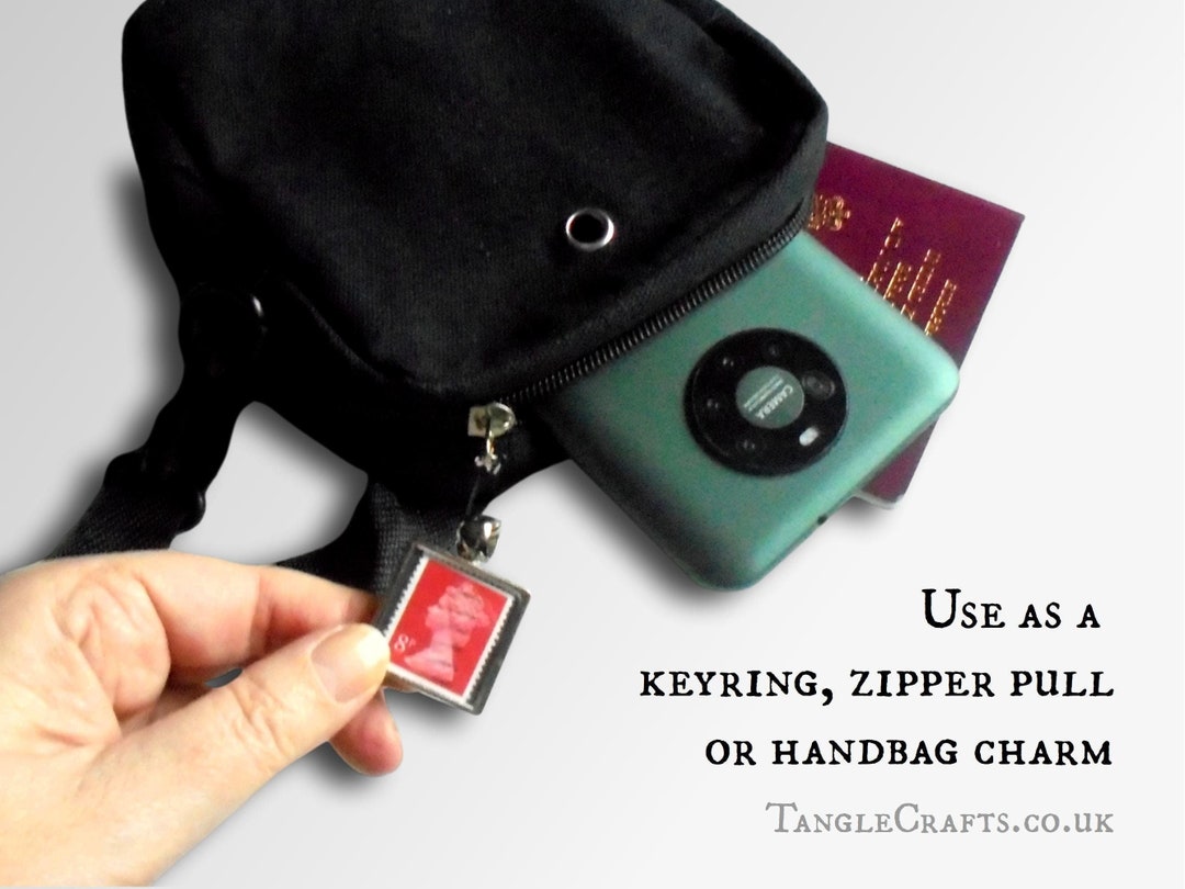 Red Postage Stamp Zipper Pull - Upcycled Handbag Charm Made With Real ...