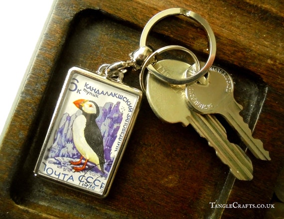 Puffin Keychain Vintage Postage Stamp Keyring Coastal Water - Etsy