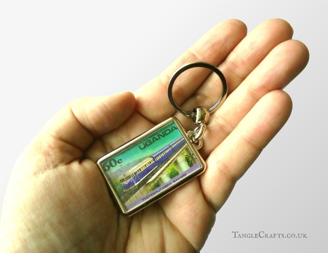 Purple Train Keychain - Upcycled Postal Stamp Keyring | Passenger Train ...