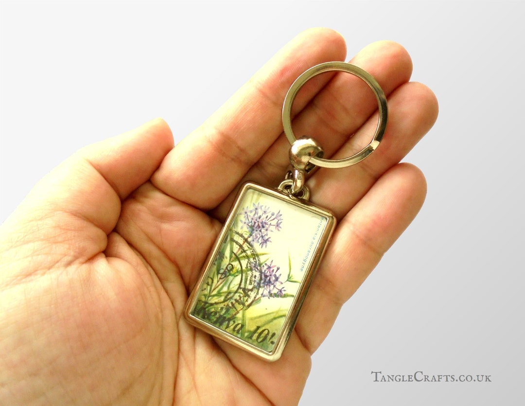 Purple Flowering Plant Keyring, Upcycled Postal Stamp Keychain ...