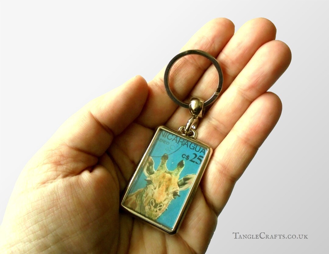 Curious Giraffe Keyring, Upcycled Postal Stamp Keychain | Close up Head ...
