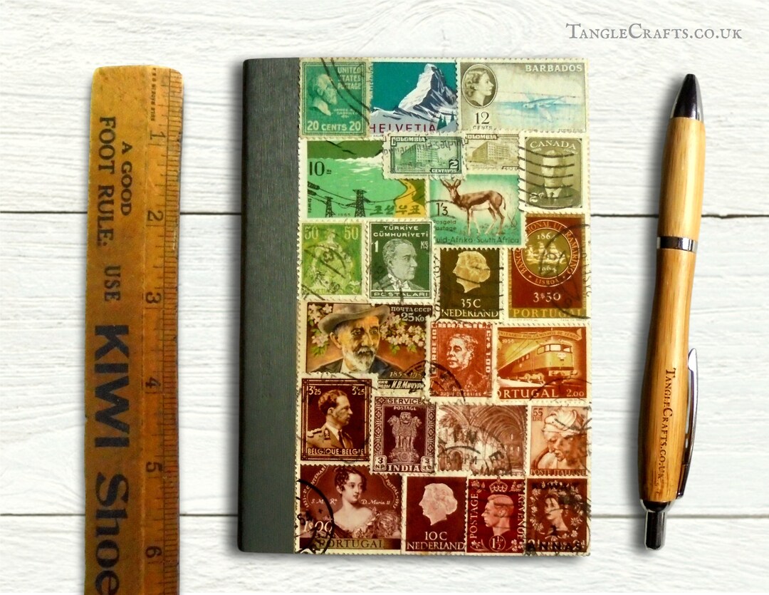 Teal & Brown Postage Stamp Notebook – Unique Collage Cover • Eclectic ...