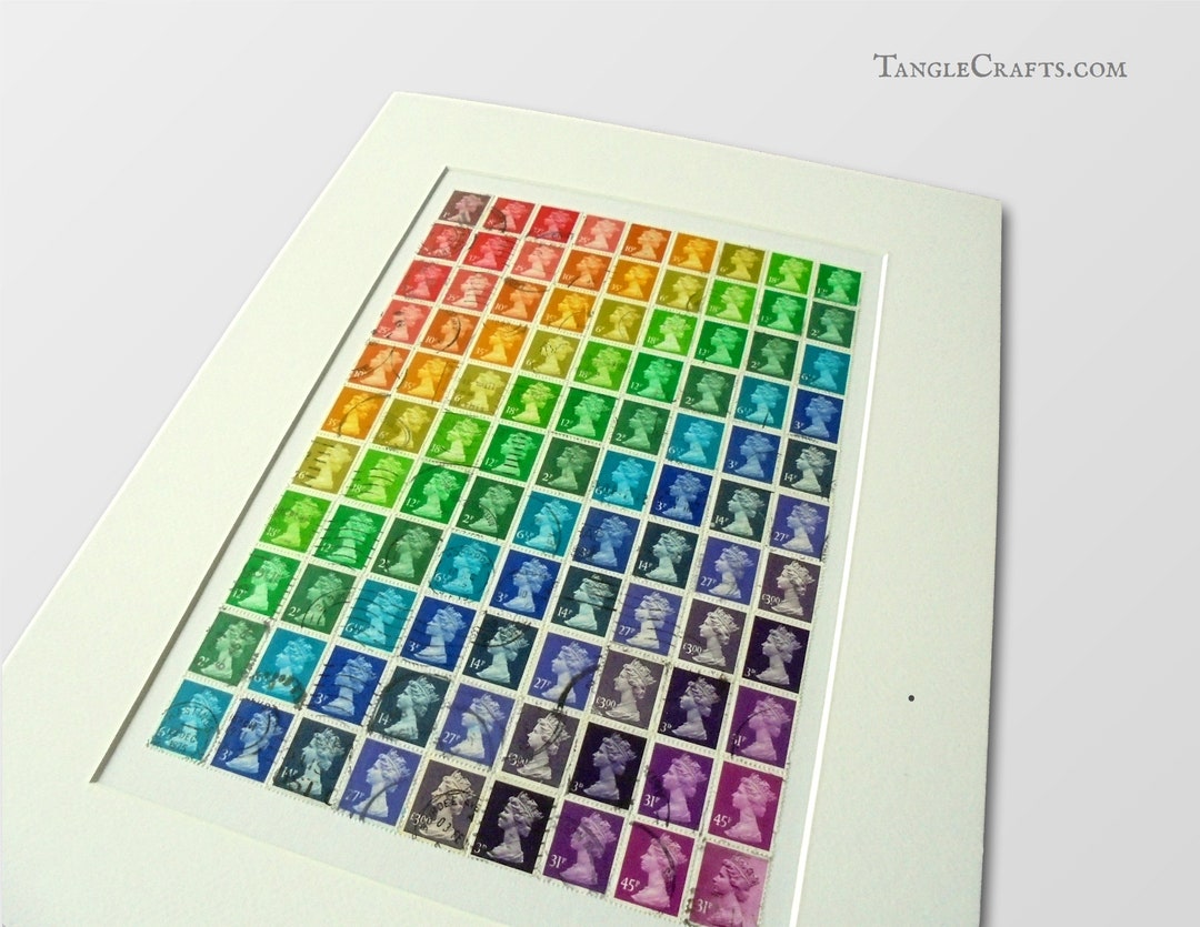 Rainbow Postage Stamp Decor, Ready to Frame Colourful Unframed Upcycled ...