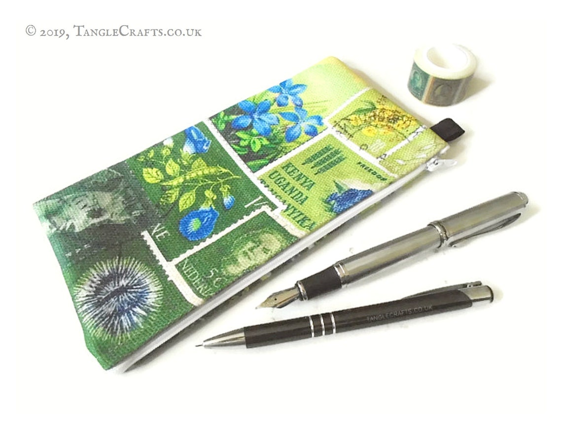 Pencil Case Zipper Pouch Green Postage Stamp Print - Etsy