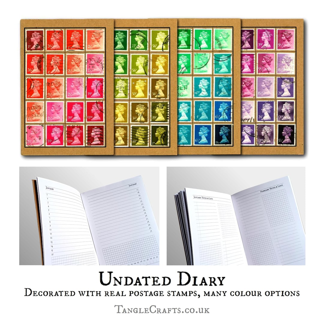 Undated Diary Decorated With Upcycled British Stamps - Colourful Month ...