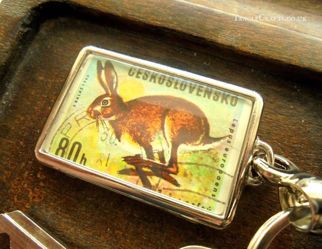 Running Hare Keyring, Vintage Postal Stamp Keychain Retro Bounding ...