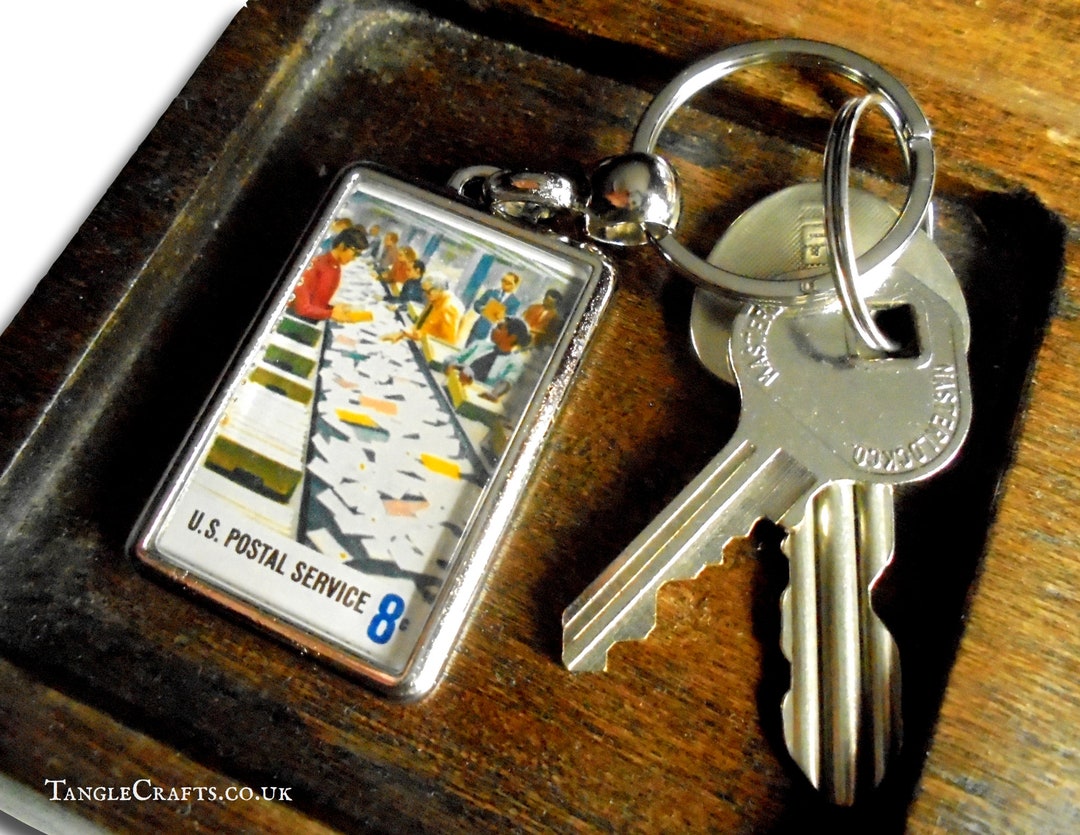 Postal Workers Keychain, Real Vintage Postage Stamp | Journey of a ...