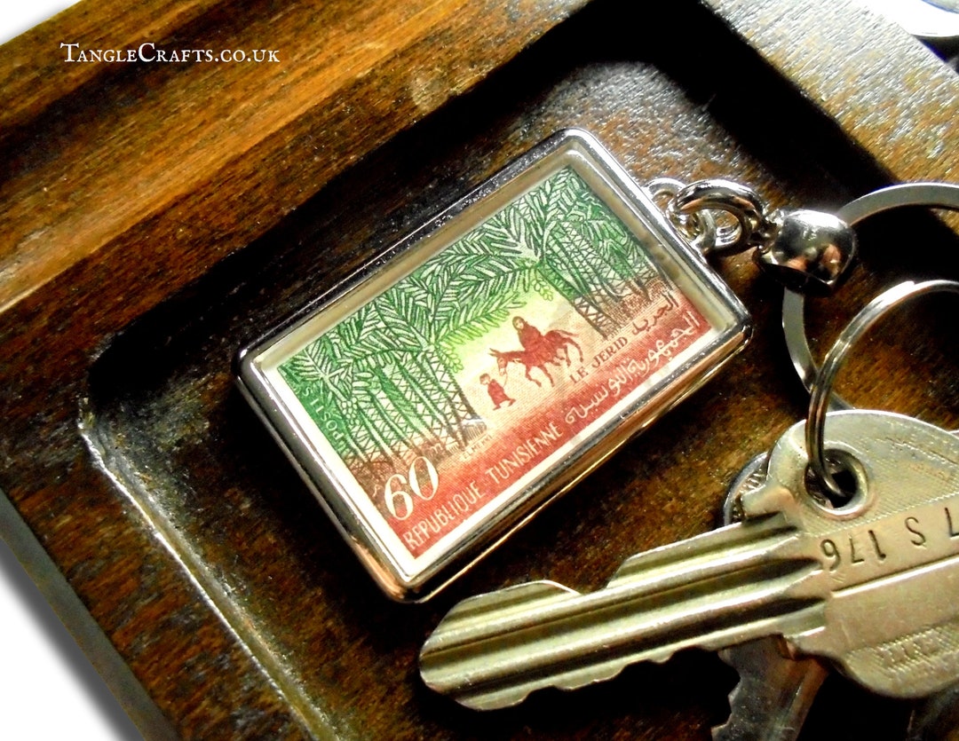Donkey in the Desert Keyring Vintage Postage Stamp Keychain Palm Tree ...