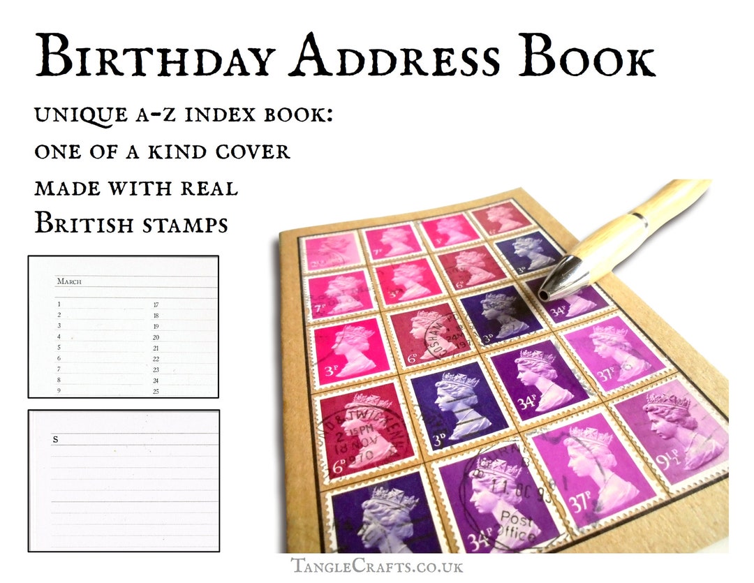 Pink Purple Birthday Address Book Recycled Postage Stamp Stationery Set ...