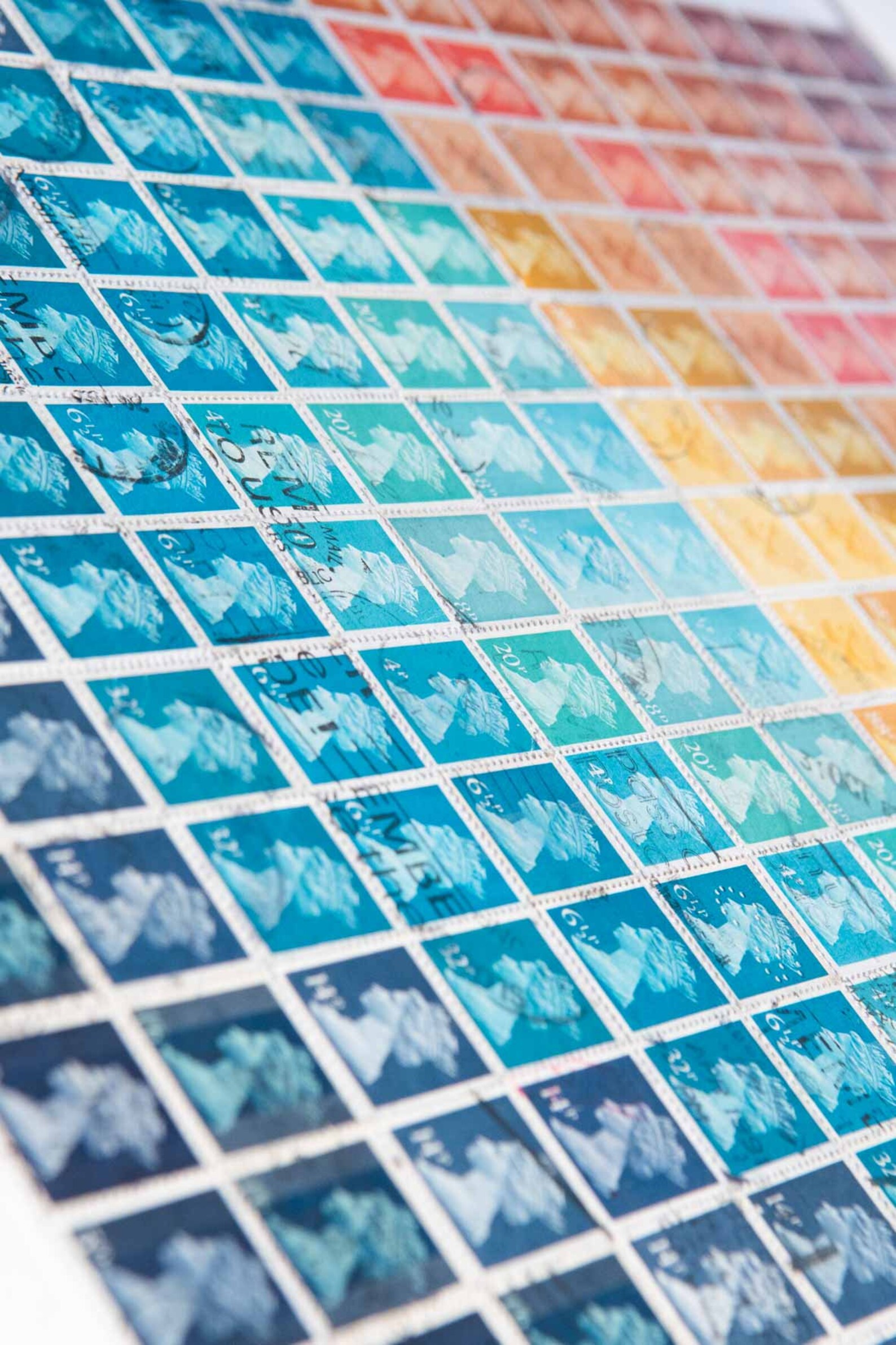 Sunset Sea Postage Stamp Art Upcycled Abstract Orange Blue | Etsy