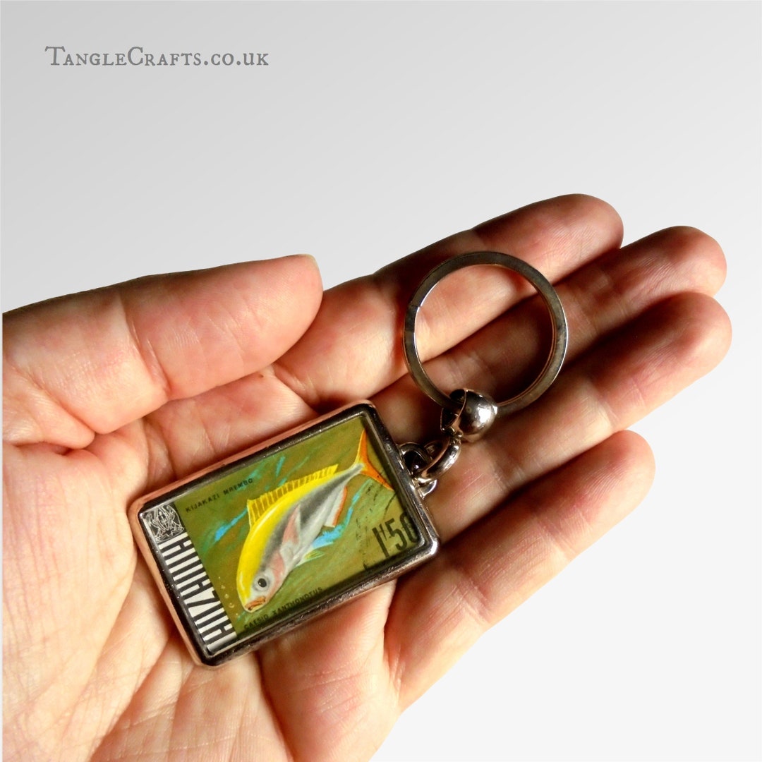 Fish Keyring, Upcycled Postage Stamp Keychain Yellowback Fusilier Olive ...
