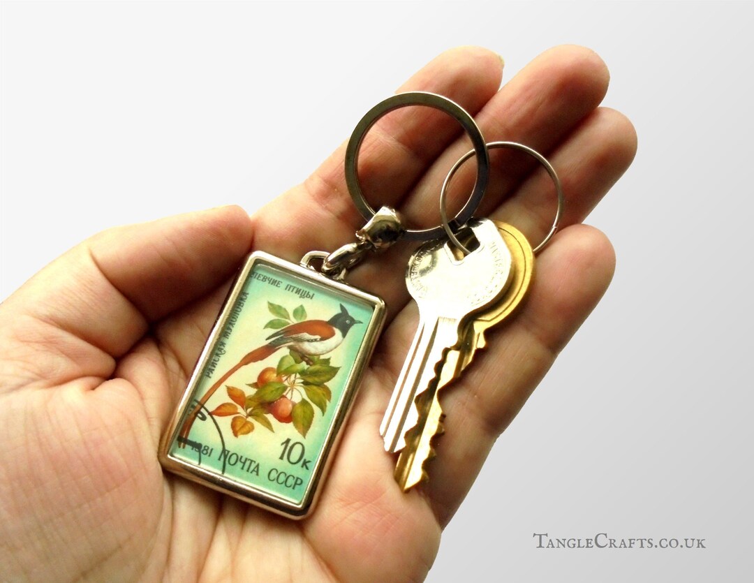 Paradise Flycatcher Keyring, Postage Stamp Keychain | Songbird Perched ...